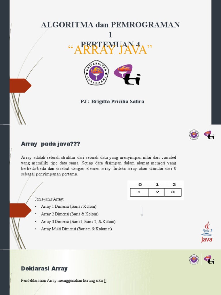 Algoritma Dan Pemrograman 1 Pertemuan 4: "Array Java" | PDF