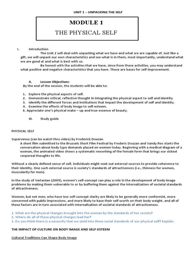 Module 1-Physical Self | PDF | Body Image | Self Esteem