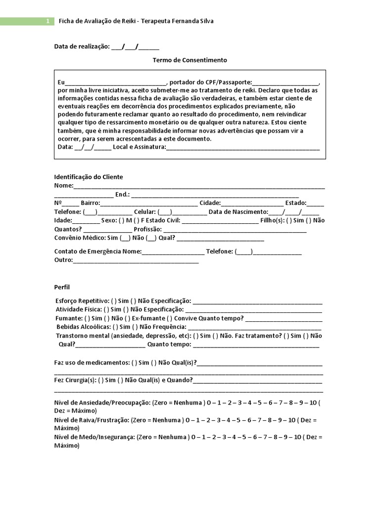 Ficha Anamnese Reiki | PDF | Especialidades médicas | Ciências comportamentais