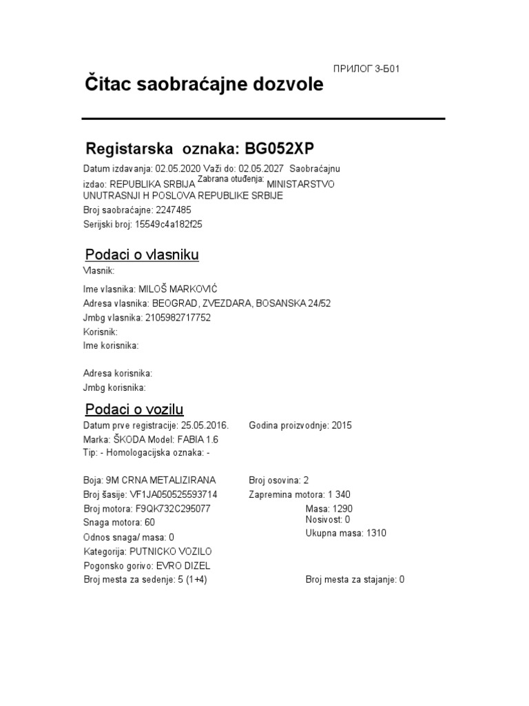 Očitana Saobraćajna Dozvola I Očitana Lična Karta | PDF
