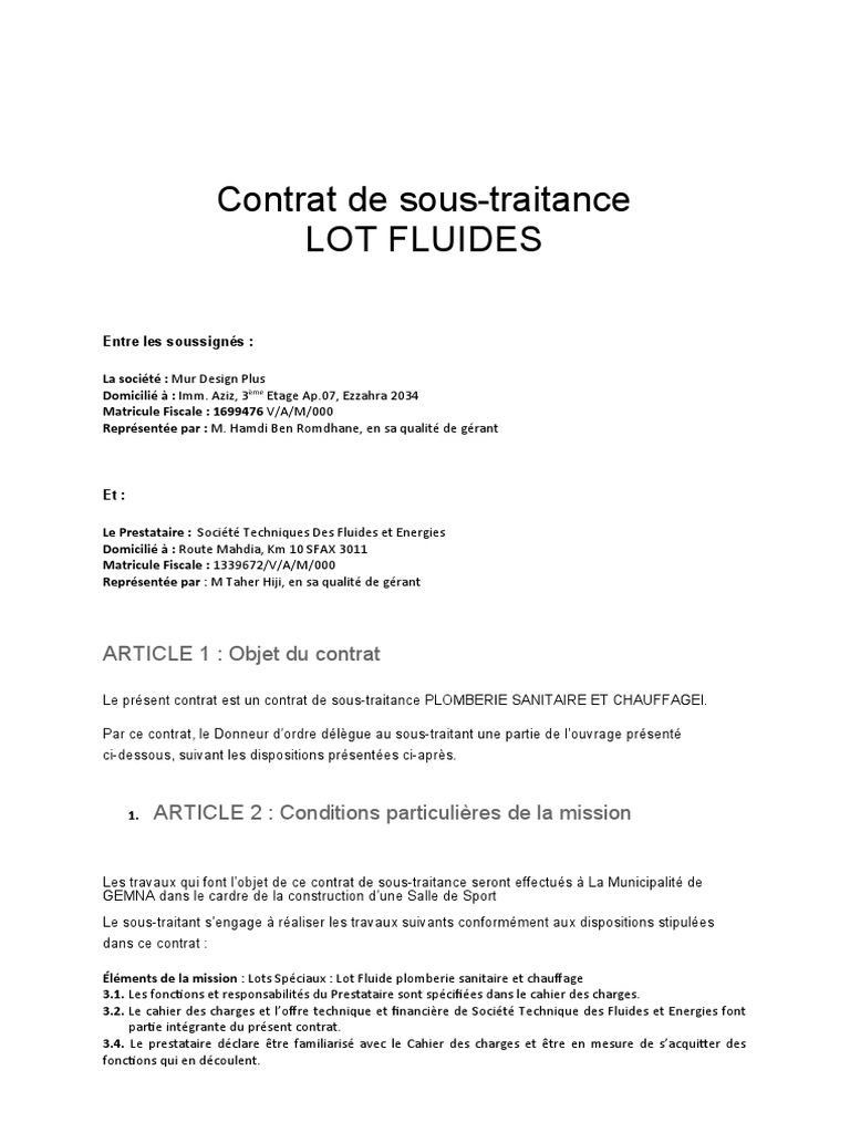 Exemple de Contrat de Sous-Traitance | PDF | Taxe sur la valeur ajoutée ...