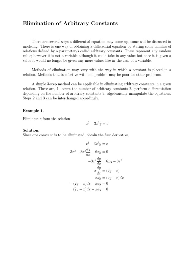 2 Elimination of Arbitrary Constants | PDF | Equations | Variable ... 2 Elimination of Arbitrary Constants | PDF | Equations | Variable ...