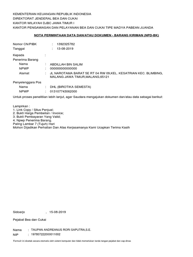 Nota Permintaan Data Dan/Atau Dokumen - Barang Kiriman (NPD-BK) | PDF