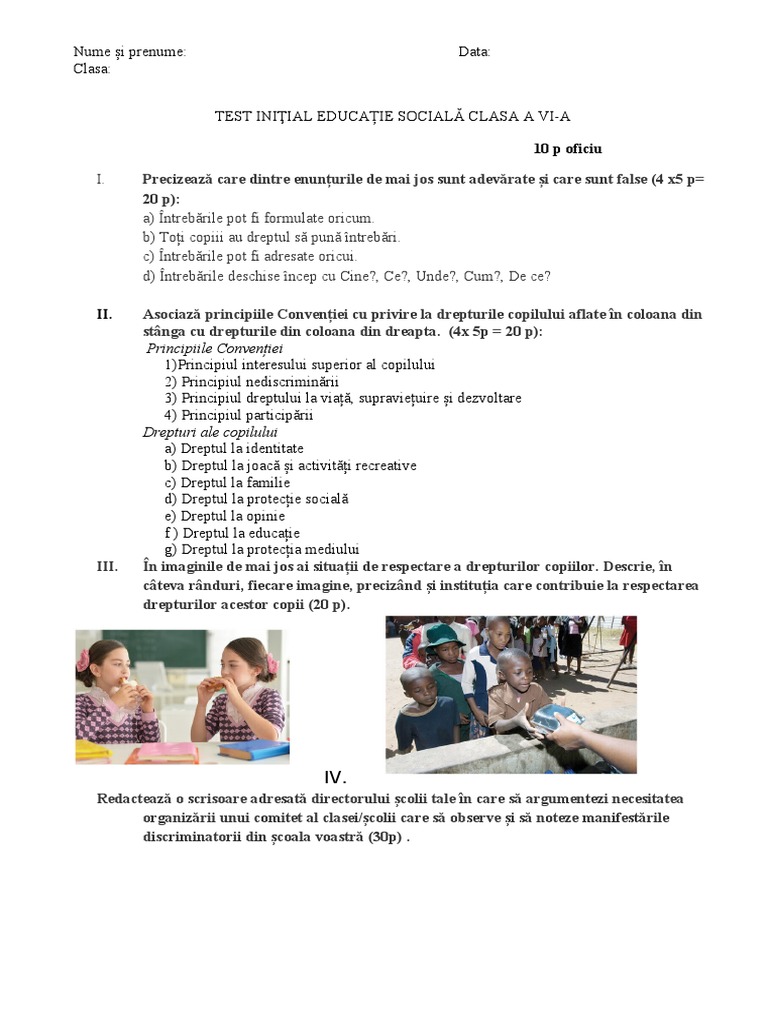 Test Predictiv Educatie Sociala Clasa A 6a | PDF