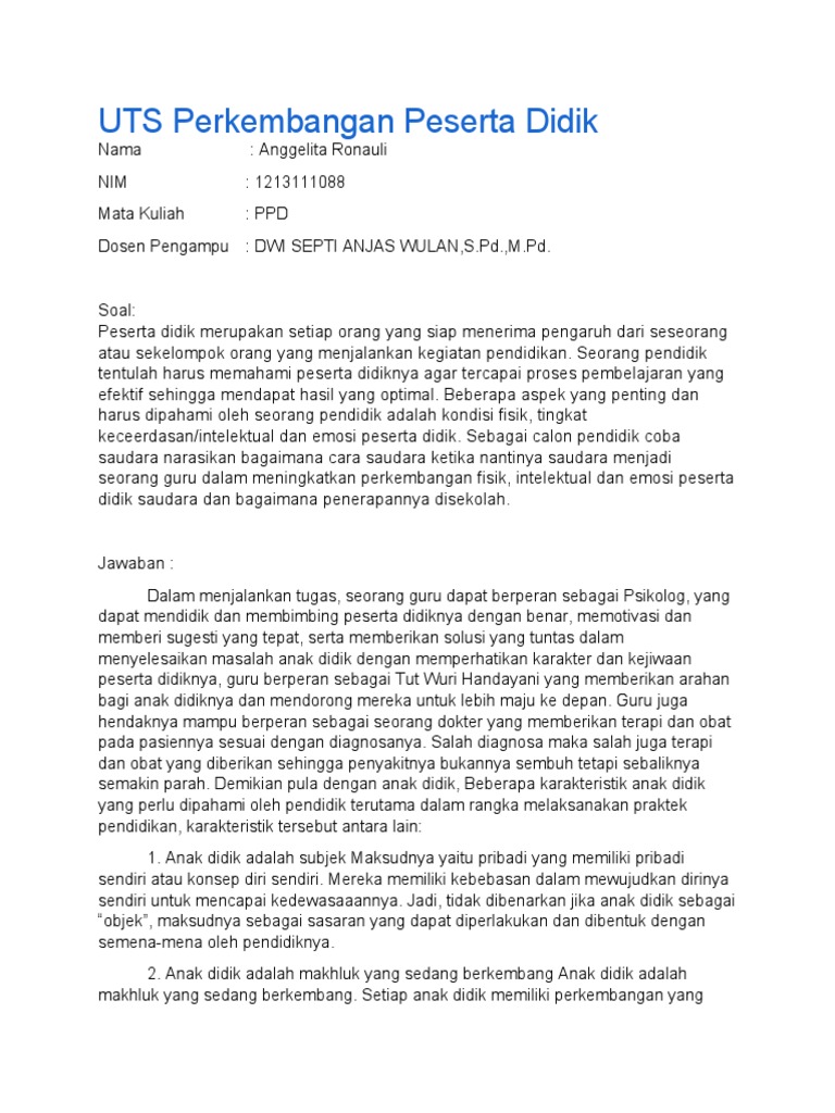 UTS Perkembangan Peserta Didik - Anggelita Ronauli (1213111088) | PDF