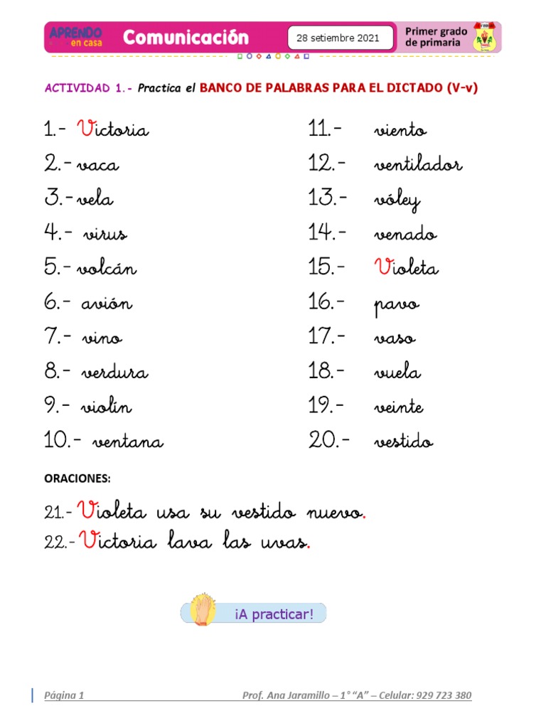 Banco de Palabras para El Dictado de La Consonante V | PDF