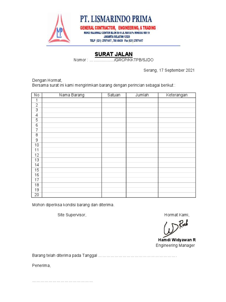 Format Surat Jalan Material PT Lismarindo Prima | PDF