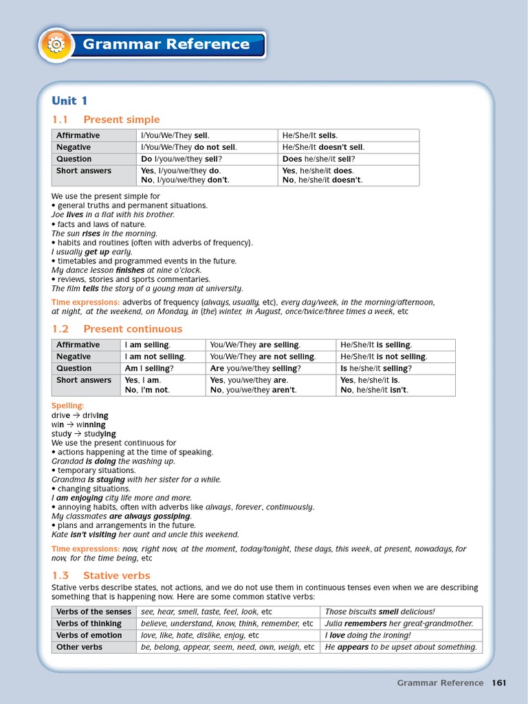 Grammar Reference Unit 1 Pdf Verb Grammatical Tense