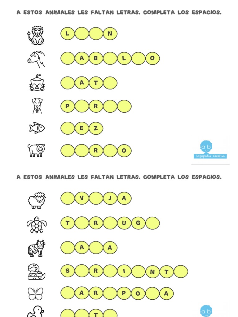 Completa Letras de Animales y Palabras | PDF