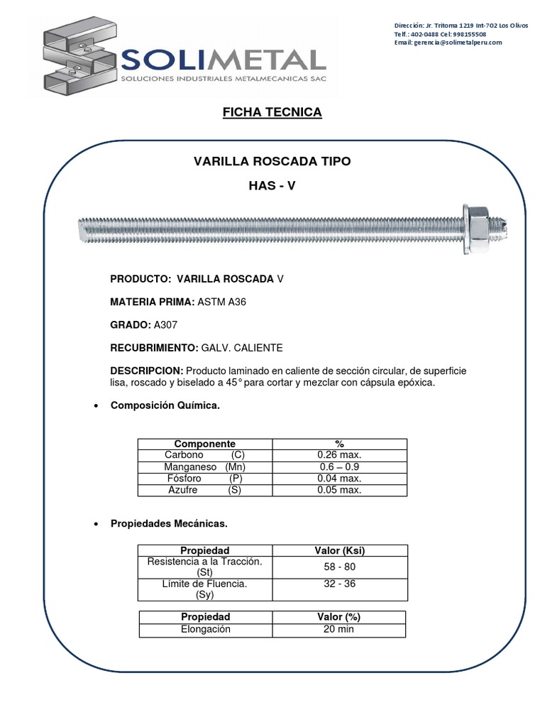 Varilla Roscada V: Especificaciones y Propiedades | PDF