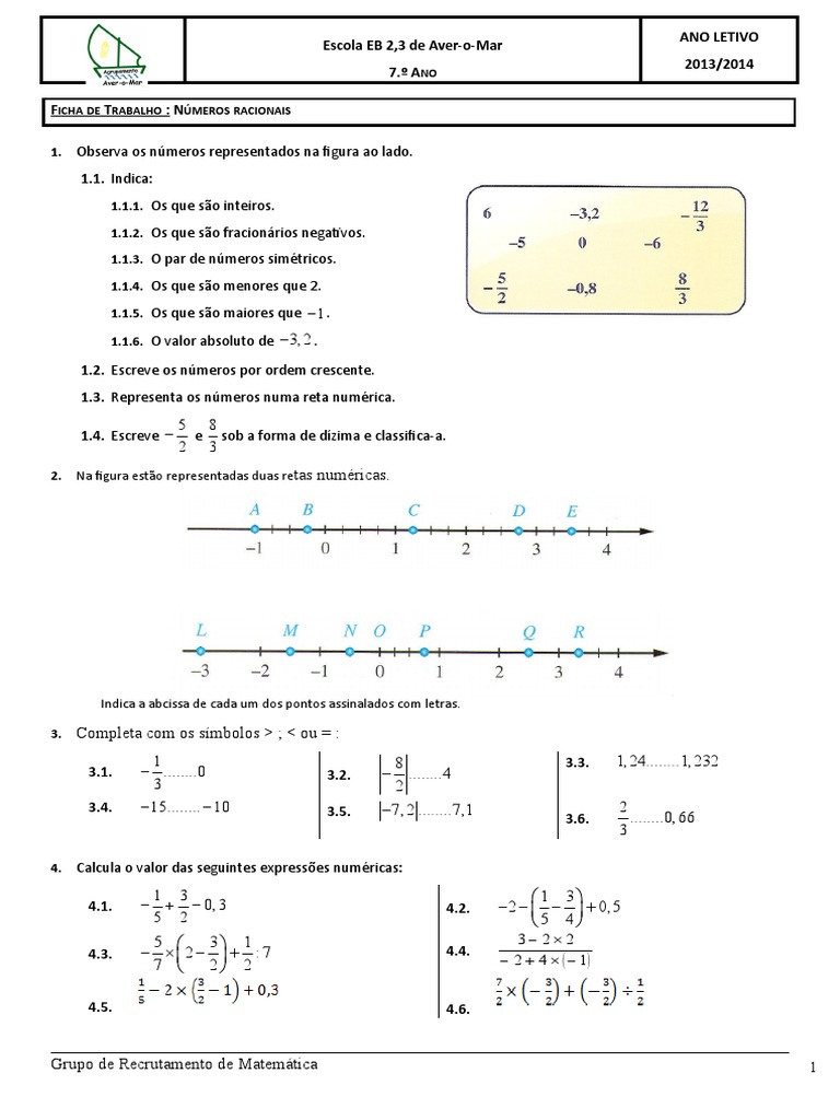 Ficha De Trabalho Números Racionais Pdf Matemática