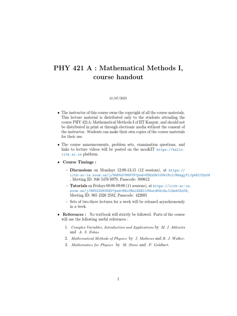 PHY 421 A: Mathematical Methods I, Course Handout: Iitk - Ac.in | PDF | Complex Analysis | Calculus