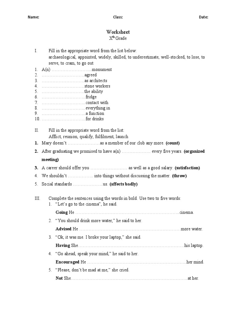 Worksheet: Name: Class: Date | PDF