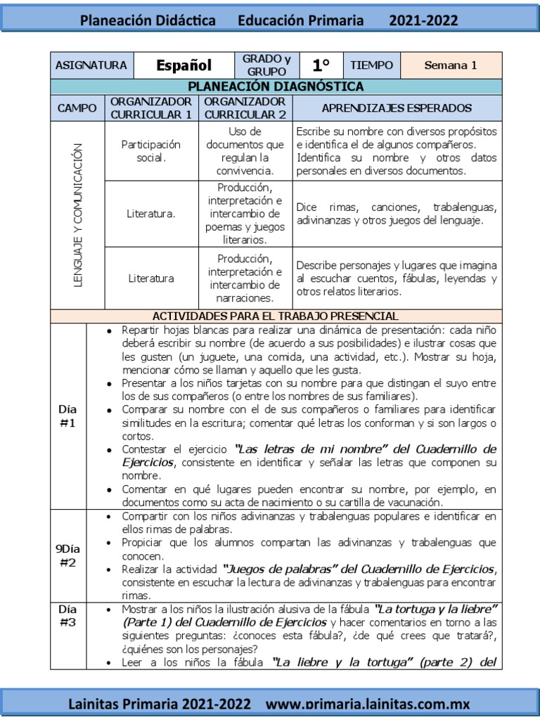 Planeación Didáctica Español 1° Primaria | PDF | Educación primaria ...