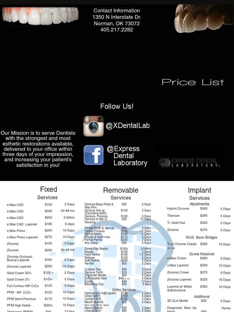 Price List: Follow Us! @xdentallab @express Dental Laboratory | PDF ...