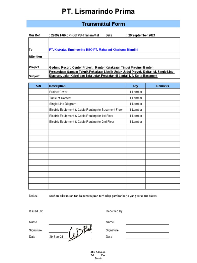 PT. Lismarindo Prima: Transmittal Form | PDF
