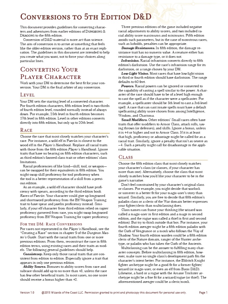 DND Conversions 1.0 To 5e | PDF | Dungeons & Dragons | Fantasy Games