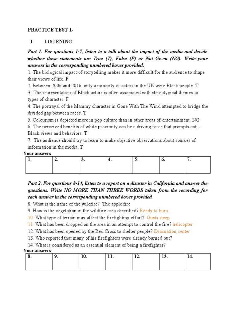 Practice Test 1 - Listening and Reading Comprehension Assessment | PDF