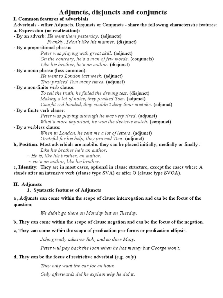 Adjuncts, disjuncts and conjuncts explained | PDF | Clause | Adverb