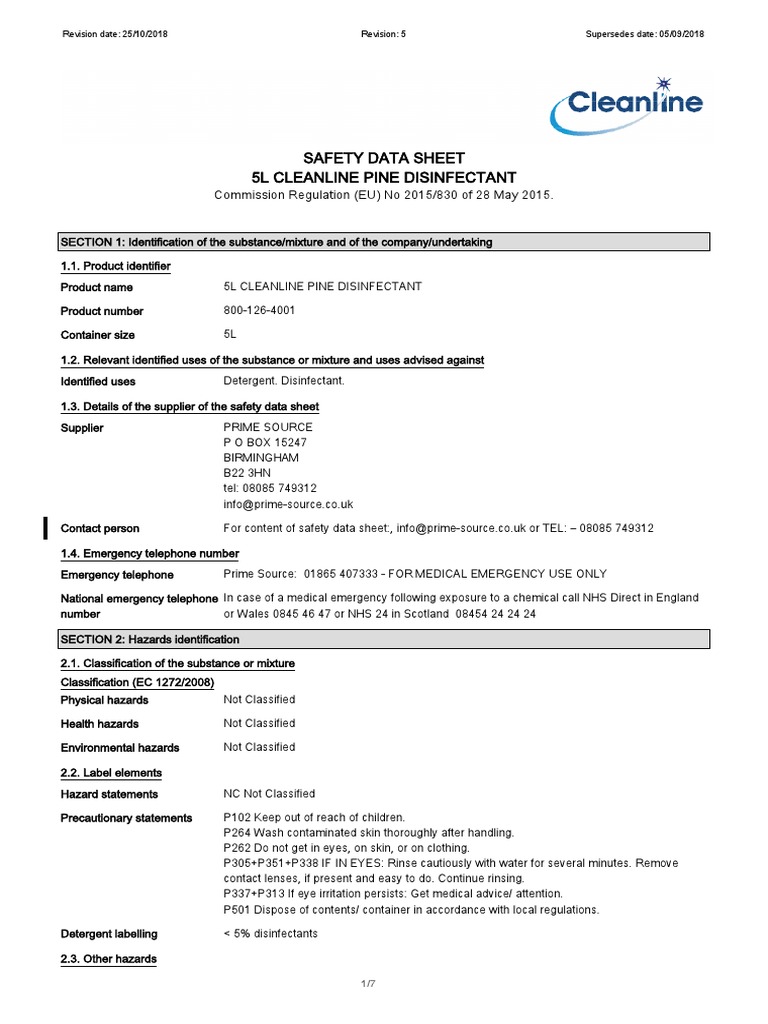 Cleanline Pine Disinfectant SDS | PDF | Dangerous Goods | Toxicity