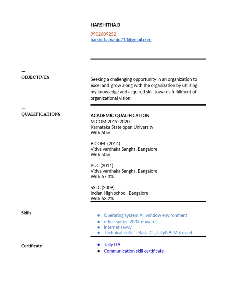 Harshitha B's Resume and Qualifications | PDF | Career & Growth