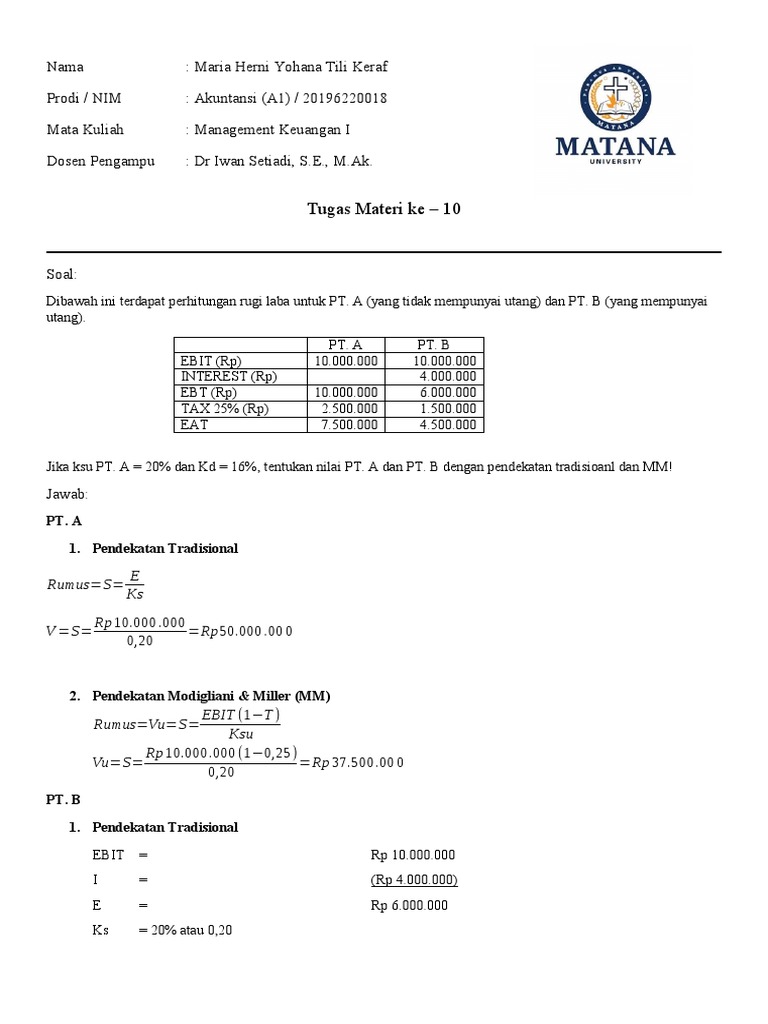 Tugas 10 (MenKeu) - Maria .H (20196220018) | PDF