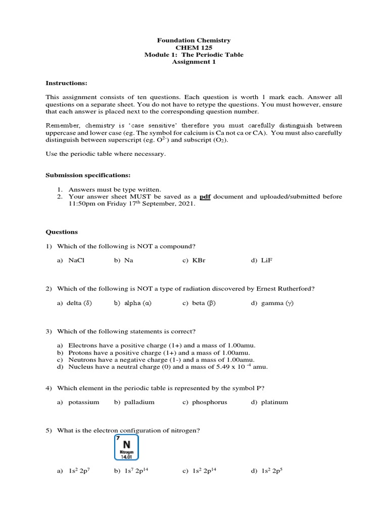 Foundation Chemistry CHEM 125 Module 1: The Periodic Table Assignment 1 ...