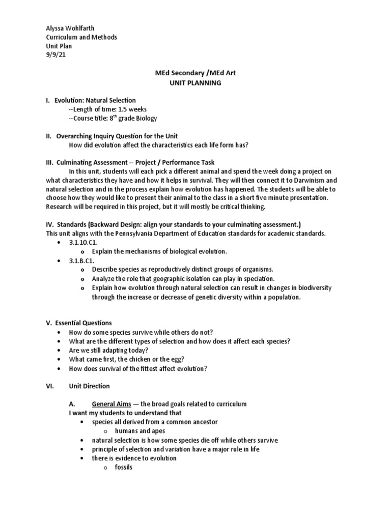 Curriculum and Methods - Evolution Unit Plan - Wohlfarth | PDF ...