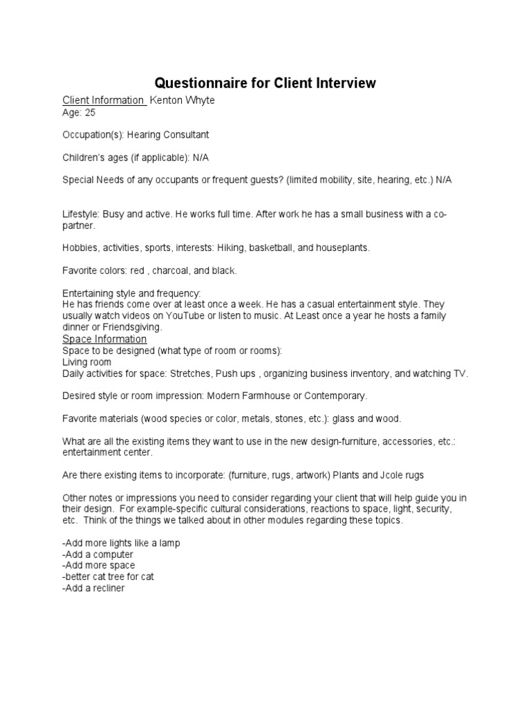 Questionnaire For Client Interview | PDF