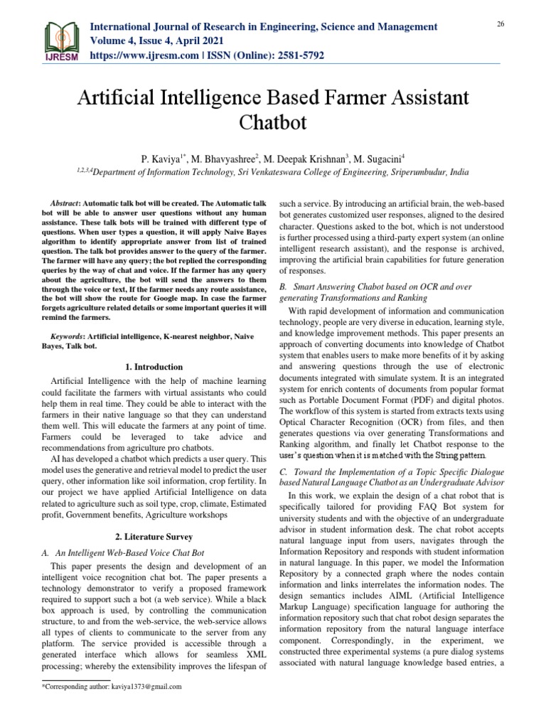 Artificial Intelligence Based Farmer Assistant Chatbot | PDF | Speech ...