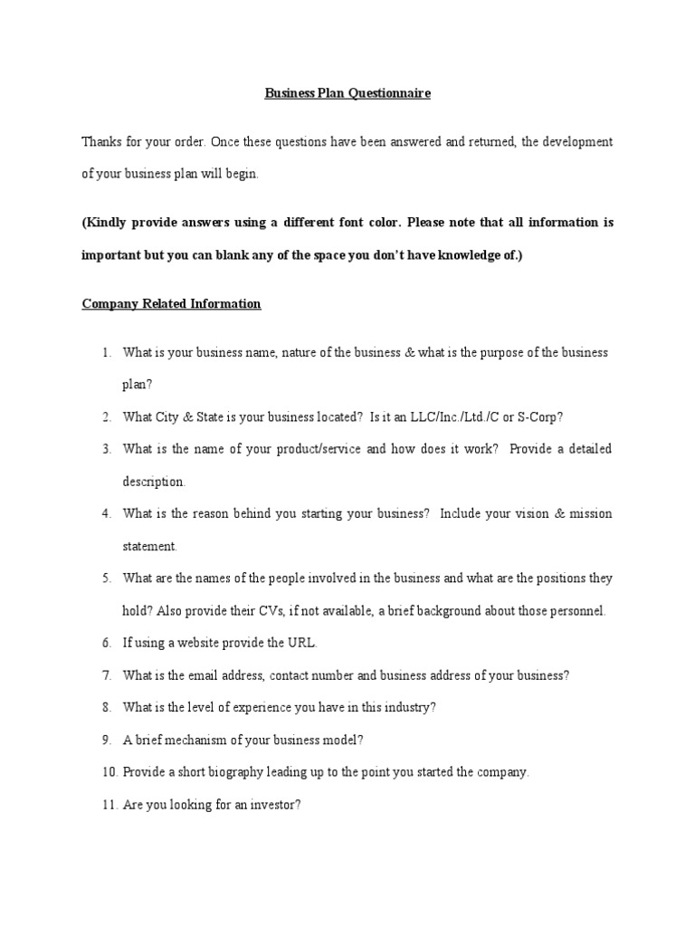 Business Plan Questionnaire Template | PDF | Career & Growth