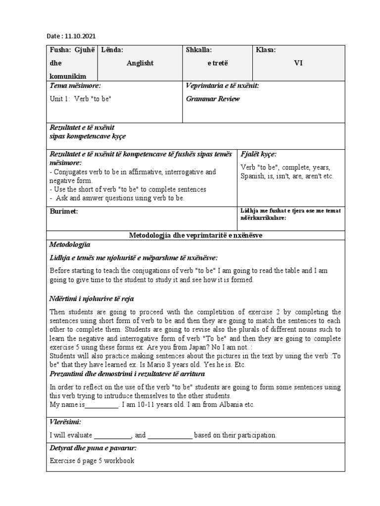 Conjugating the Verb 'To Be' in English: A Lesson Plan for Teaching ...