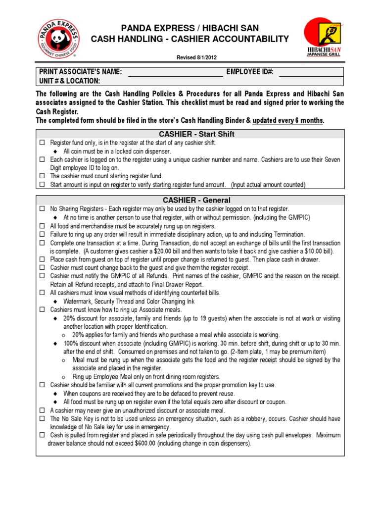 Panda Express Cash Handling Procedures | PDF | Cashier | Receipt