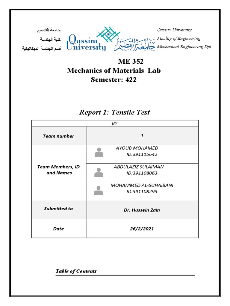 ME 352 Mechanics of Materials Lab Semester: 422: Report 1: Tensile Test ...
