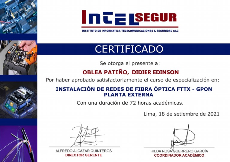 Certificado Fibra Óptica Fttx-Gpon Con Firma - Didier Edison Oblea ...