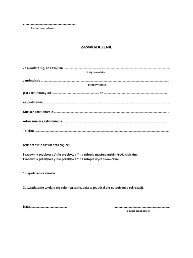 Zaswiadczenie O Zatrudnieniu Wzor Pdf