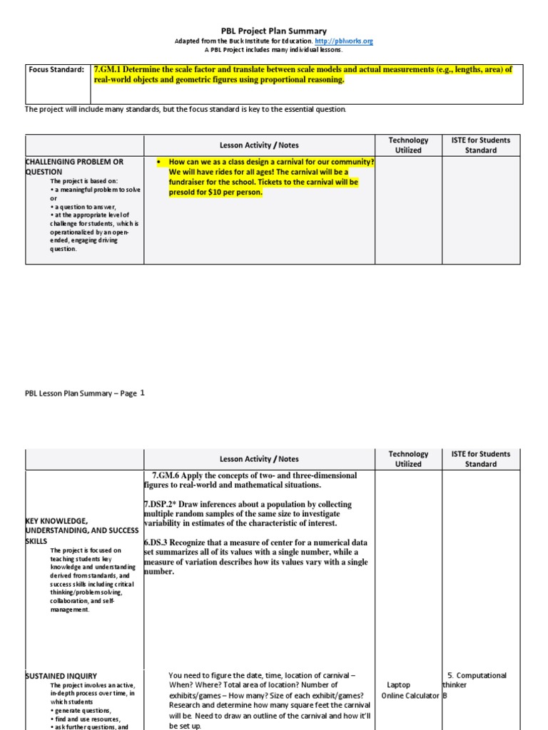 PBL Project Plan Summary 2 | PDF | Lesson Plan | Education Theory