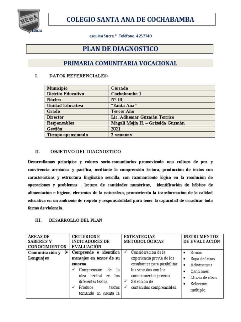 Plan de Diagnostico | PDF | Evaluación | Comprensión lectora
