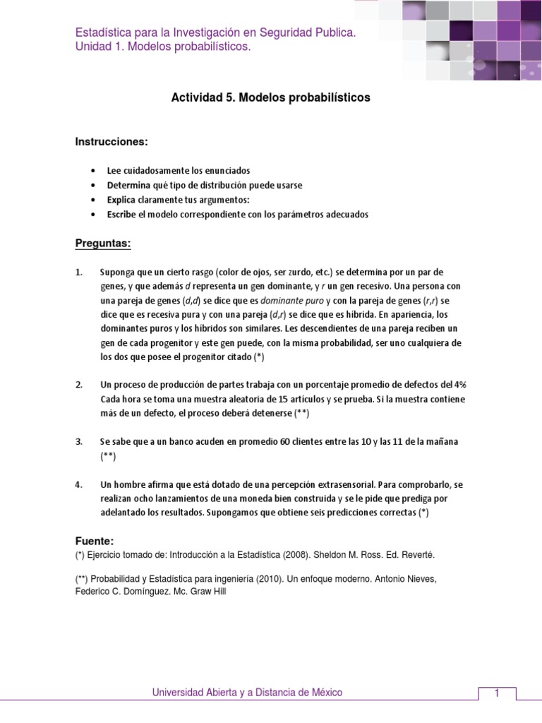 Estadistica ACT. 5 MODELOS PROBABILISTICOS. | PDF