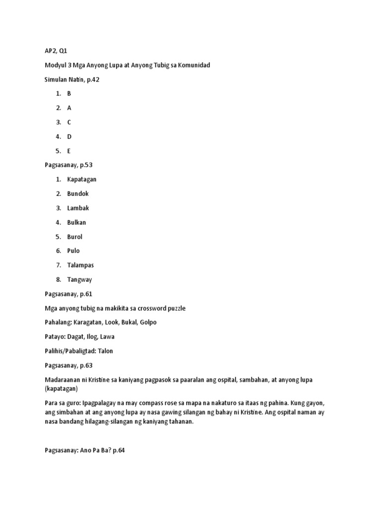 AP2 - Q1 - M3 - Answer Keys - Mga Anyong Lupa at Anyong Tubig Sa ...