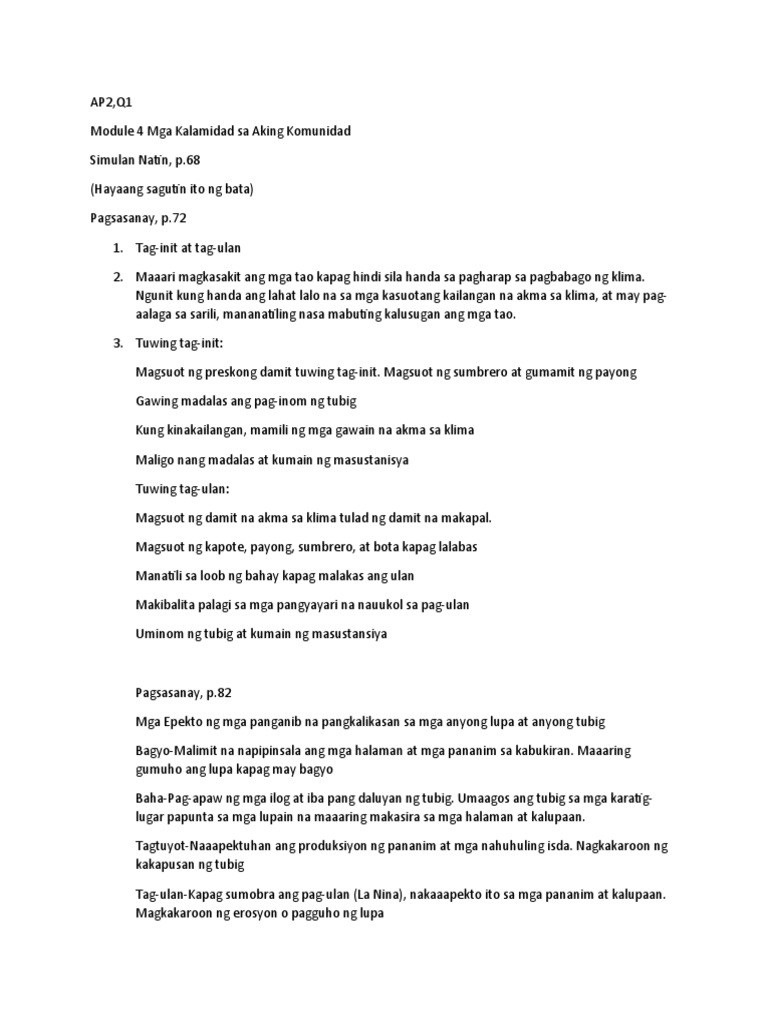 AP2 - Q1 - M4 - Answer Keys - Mga Kalamidad Sa Aking Komunidad | PDF