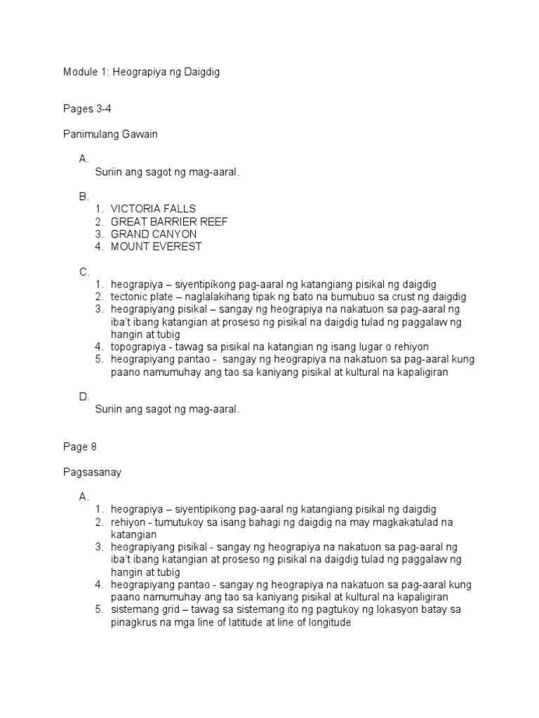 AP8 Q1 M1 Answer Key | PDF