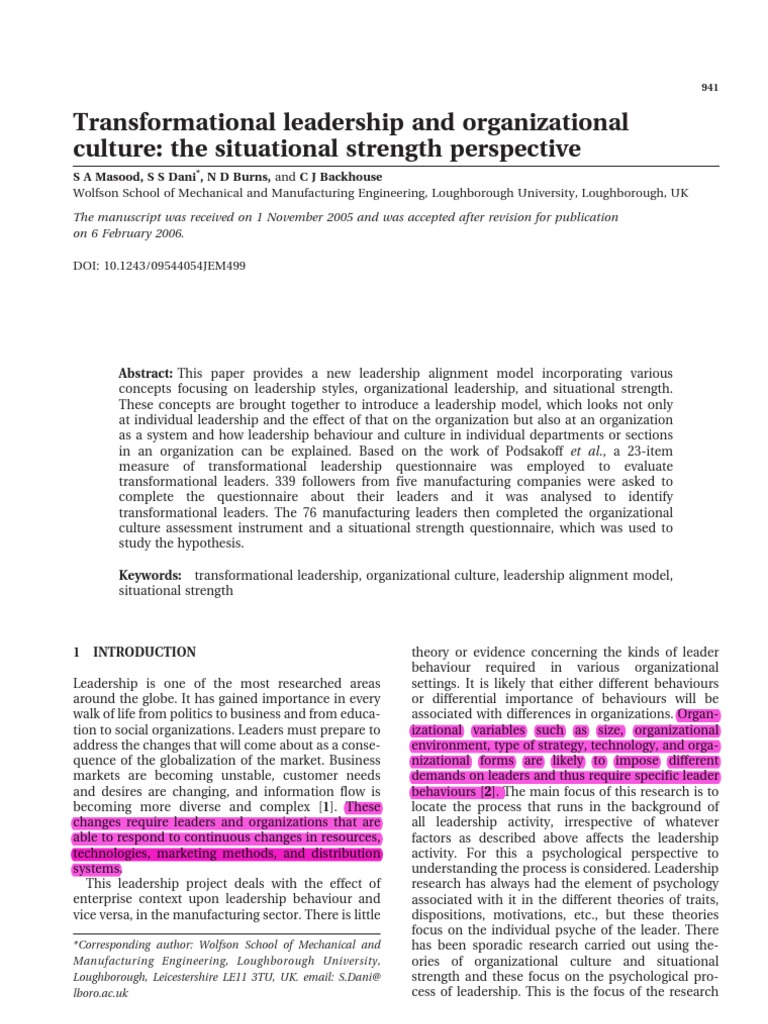 Transformational Leadership and Organizational Culture | PDF ...