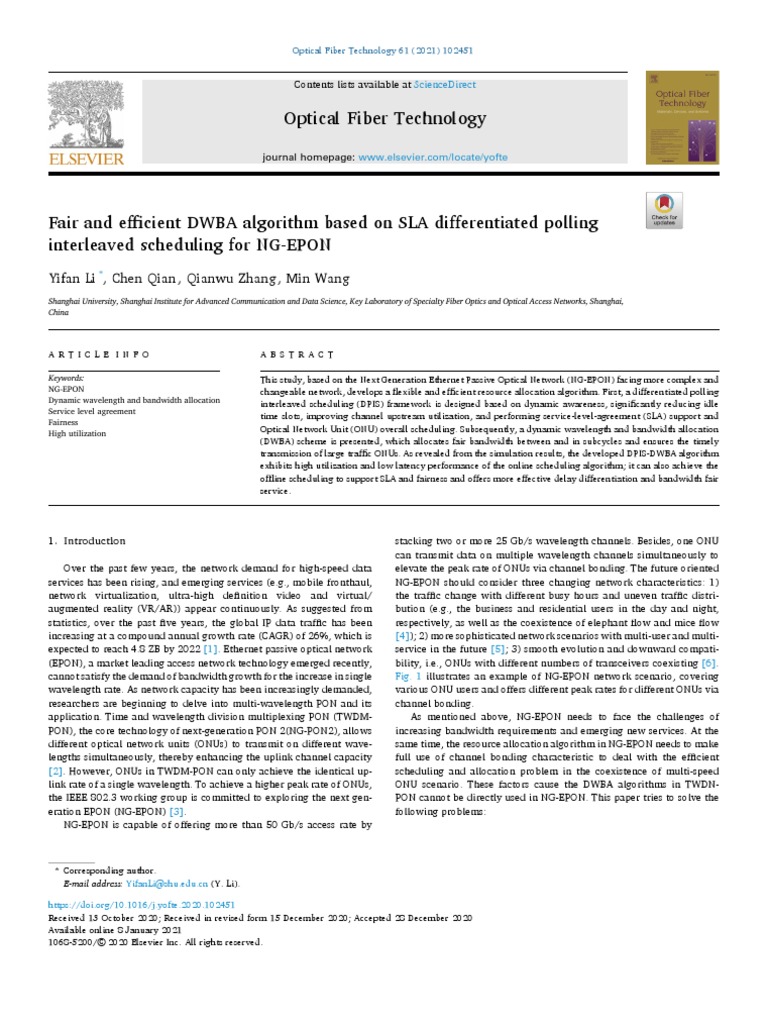 Fair And Efficient Dwba Algorithm Based On Sla Differenti 2021 Optical Fiber Pdf 