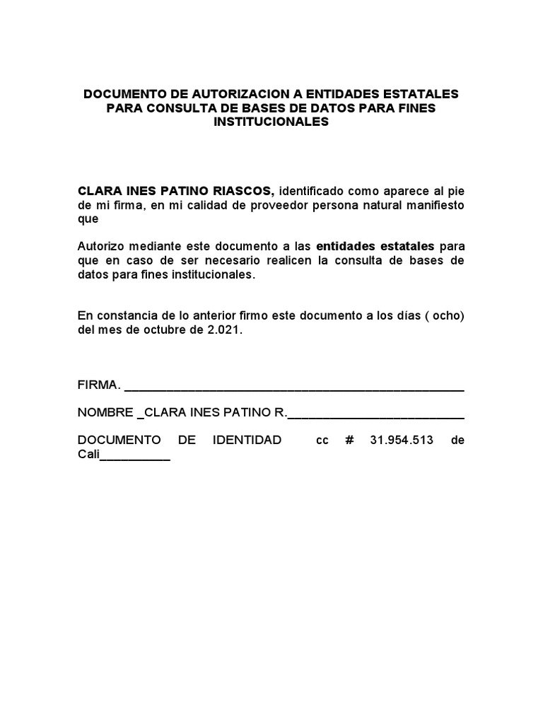 Documento de Autorizacion A Entidades Estatales para Consulta de Bases de Datos para Fines ...