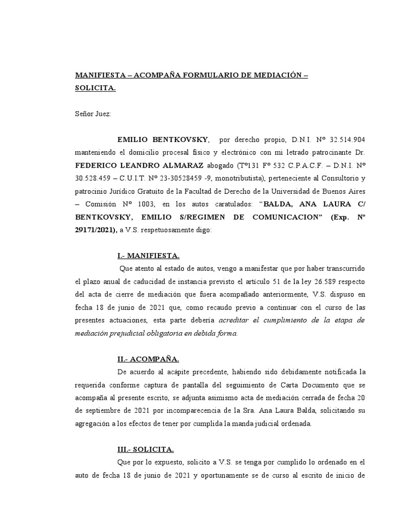 Manifiesta - Acompaña Nueva Acta - Solicita Se Continue La Demanda | PDF