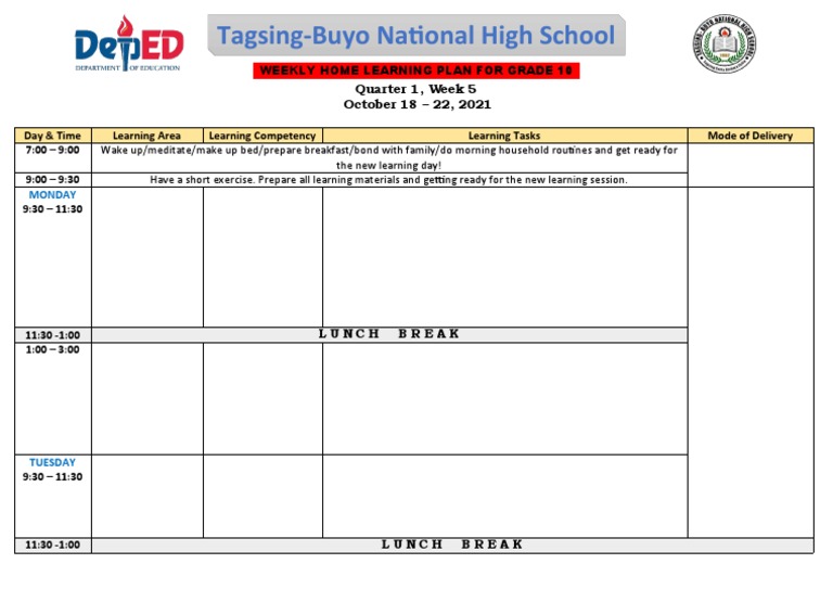 Grade 10 Weekly Learning Plan Q1 W5 | PDF