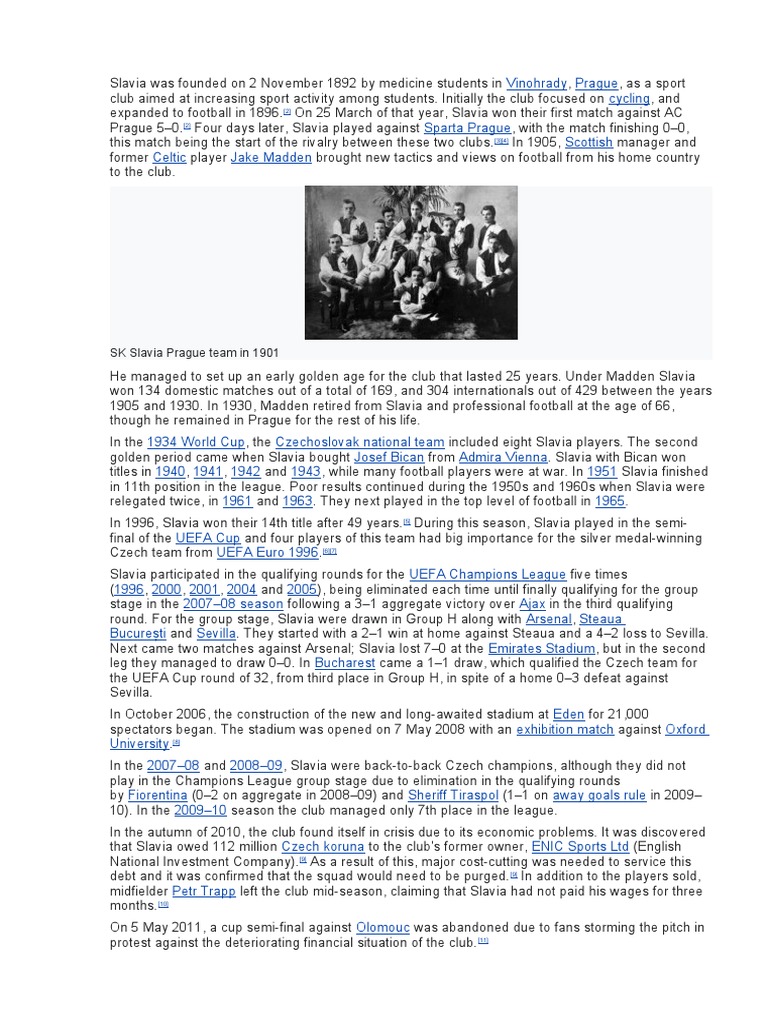 The History and Development of Czech Football Club SK Slavia Prague ...