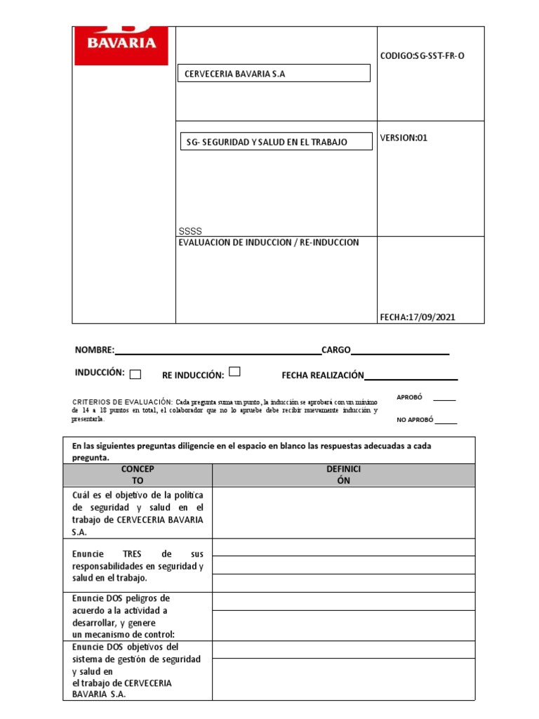 SG-SST-FR-0 Formato Evaluacion de Induccion y Re Induccion | PDF