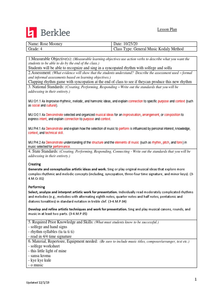 Kodaly Lesson Plan | PDF | Rhythm | Lesson Plan